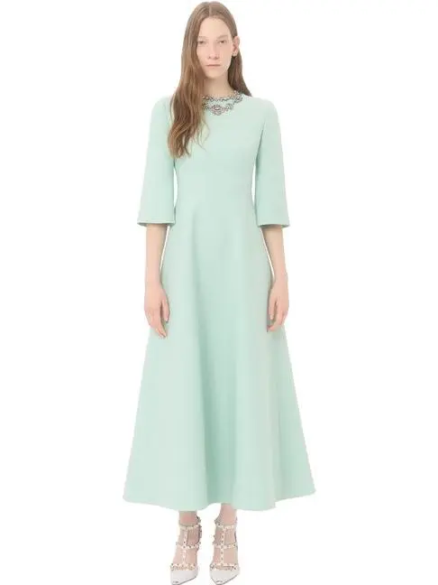 Valentino Garavani Crepe Couture Midi Dress With Rhinestone-embroidered Necklace - Silver