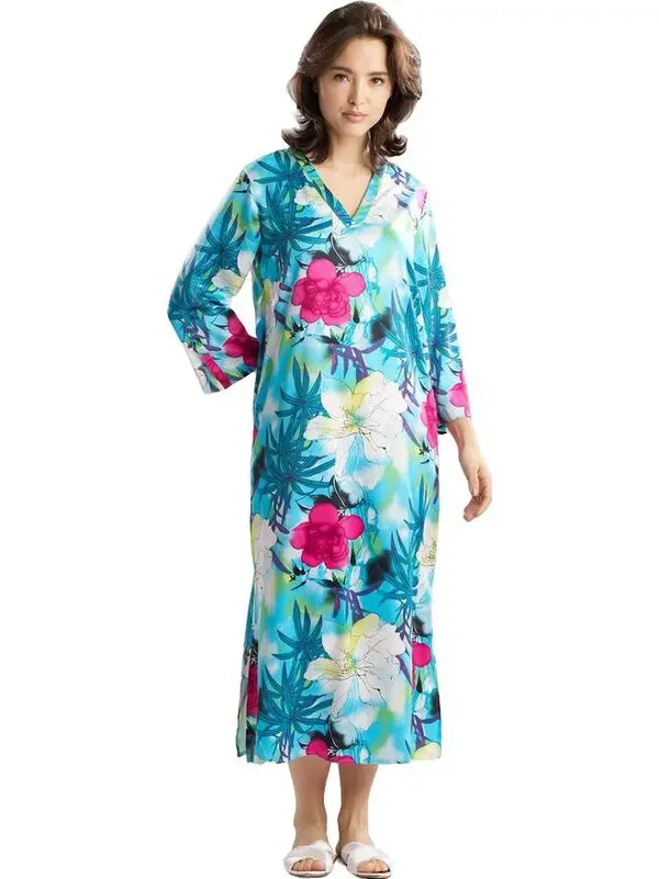 Natori Viva Printed Satin Caftan - Floral / Multicolor
