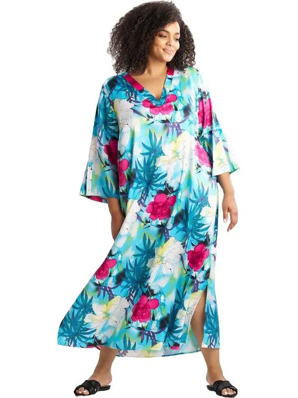 Natori Viva Printed Satin Caftan - Floral / Multicolor