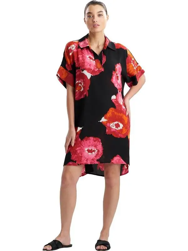 Natori Bold Poppy Crinkle Dolman Shirtdress - Red