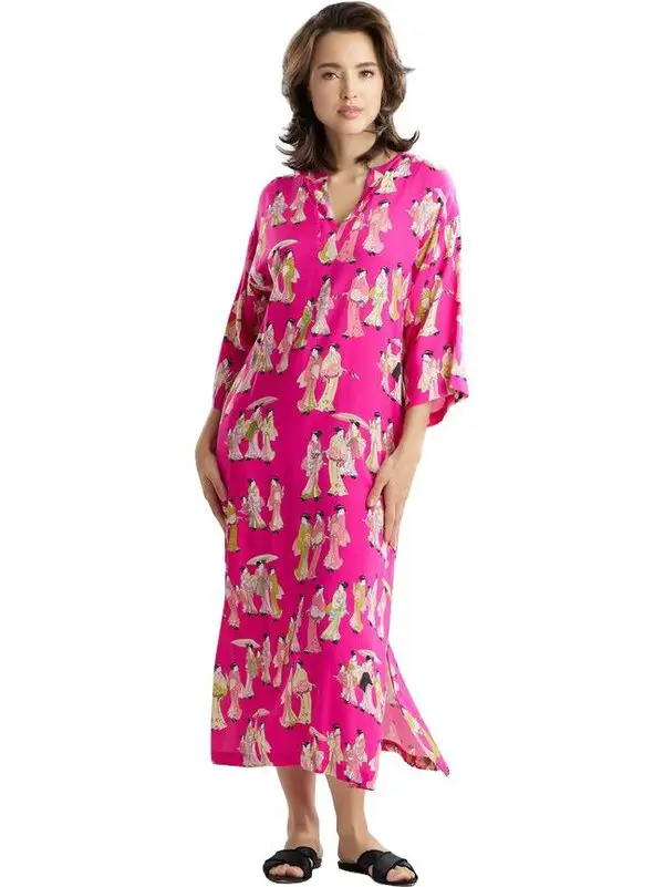 Natori Geisha Print Challis Mandarin Caftan - Pink