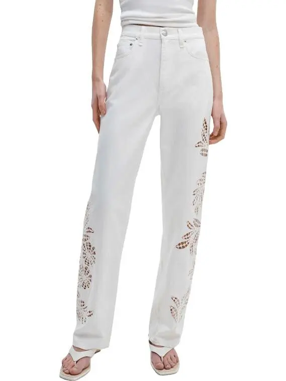 Rag & Bone Shea Floral Eyelet Straight Leg Jeans - White Floral