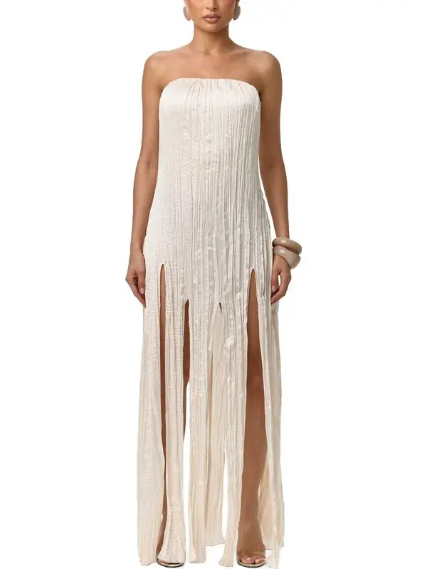 Naked Wardrobe Strapless Fringed Satin Plissé Maxi Dress - Crema