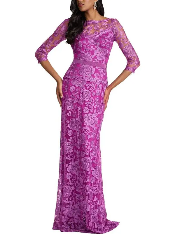 Tadashi Shoji Embellished Illusion Gown - Magenta