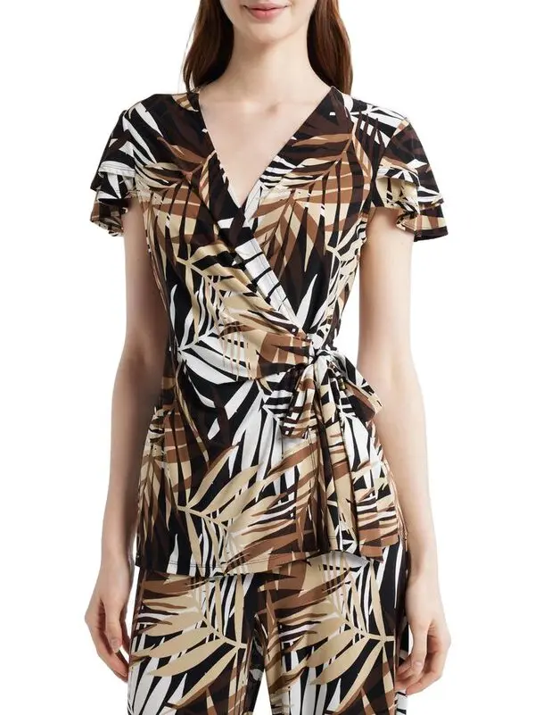 Anne Klein Leo Print Flutter Sleeve Wrap Top - Anne Black Multi