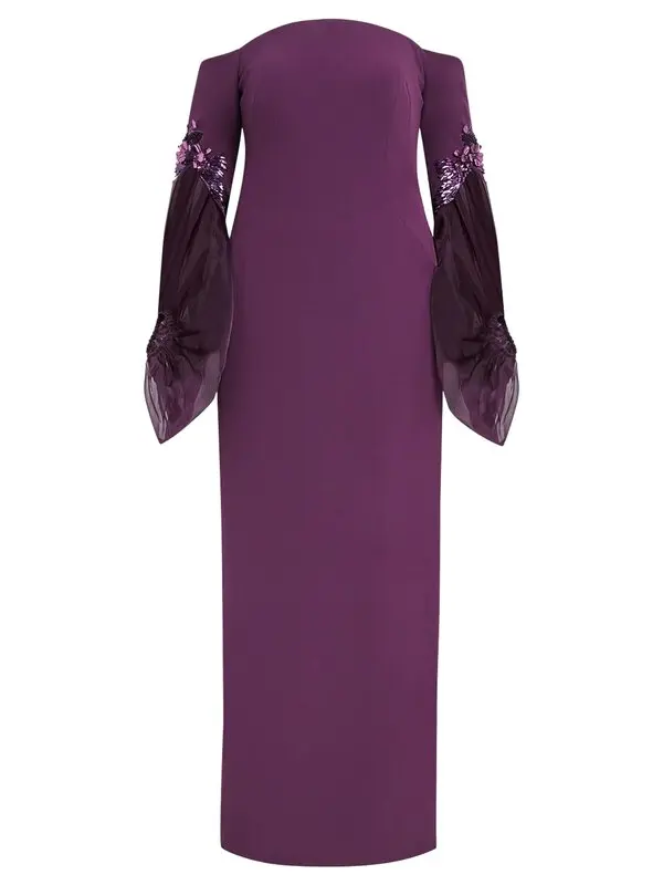 Pamella Roland Crepe Embellished Puff-sleeve Gown - Burgundy