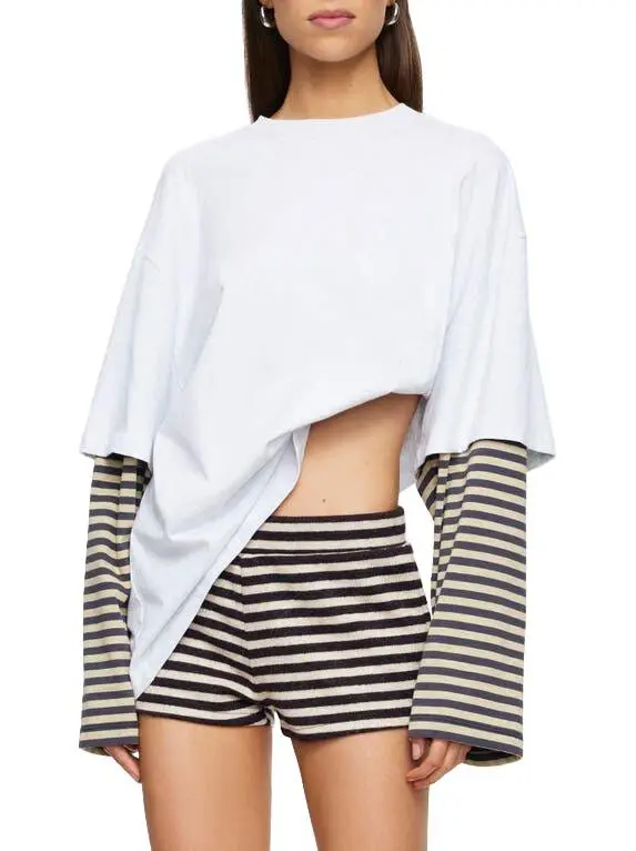 Lioness Layered Long Sleeve Cotton Tunic Top With Striped Sleeves - Beige Stripe
