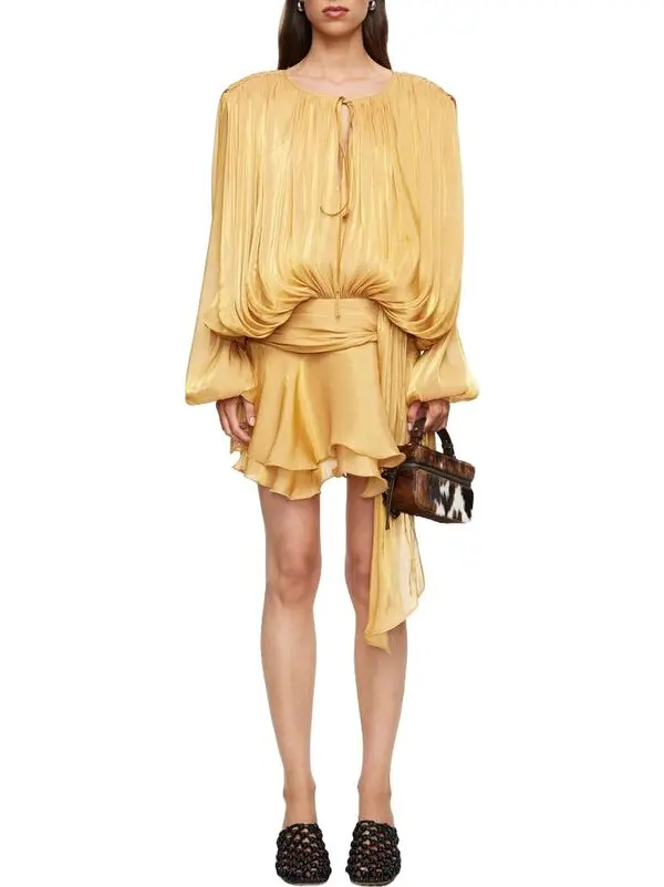 Lioness Pleated Long Sleeve Mini Dress - Apricot