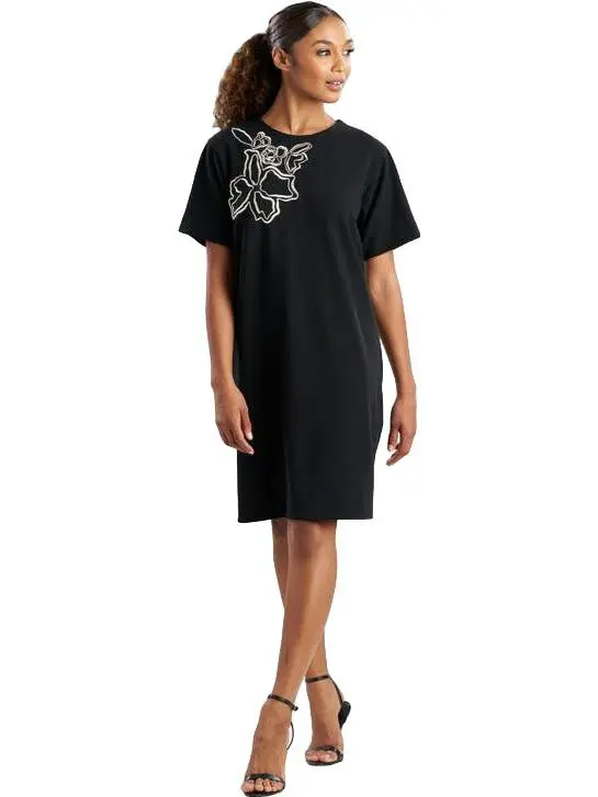 Natori Short Sleeve Embellished Knit Crepe Shift Dress - Black