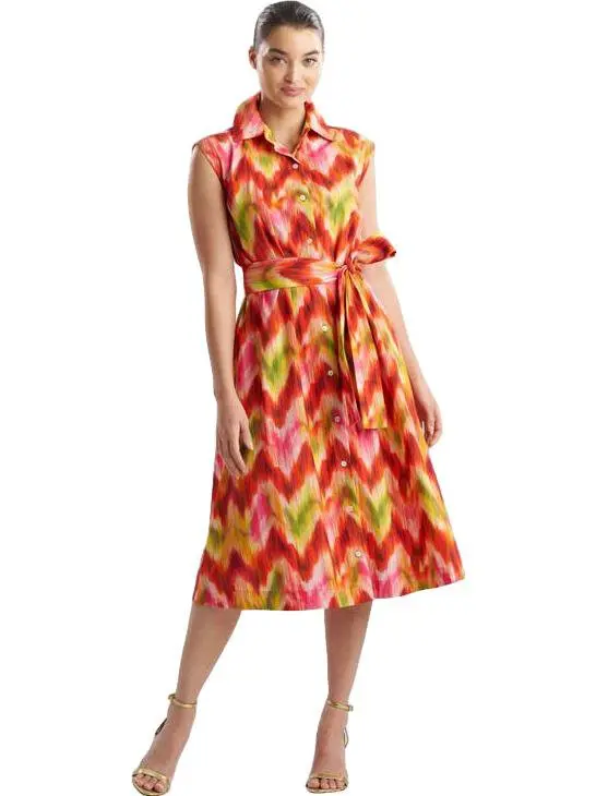 Natori Sorel Ikat Cotton Poplin Sleeveless Shirt Dress - Multi