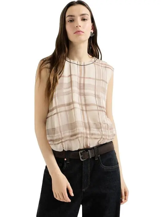 Brunello Cucinelli Silk Organza Macrocheck T-shirt With Shiny Neck Detail - Buff