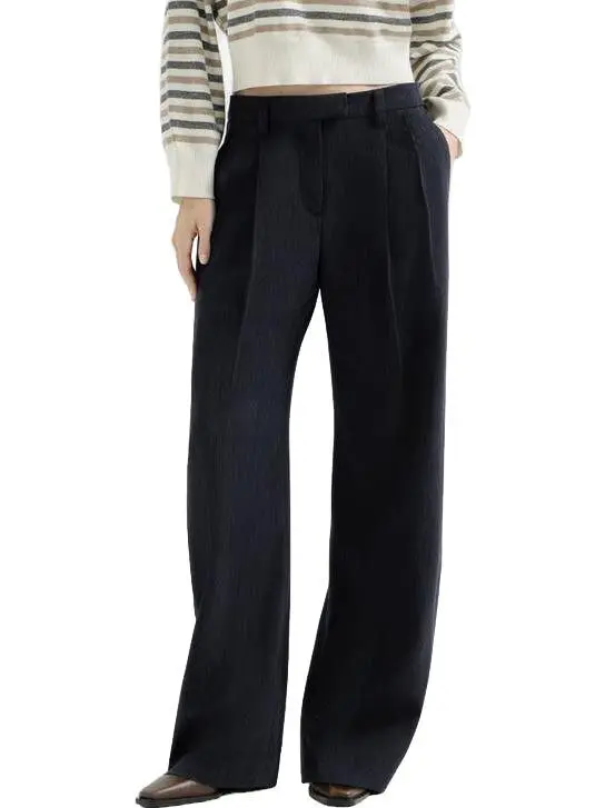Brunello Cucinelli Virgin Wool Crêpe Chevron Trousers - Navy Blue