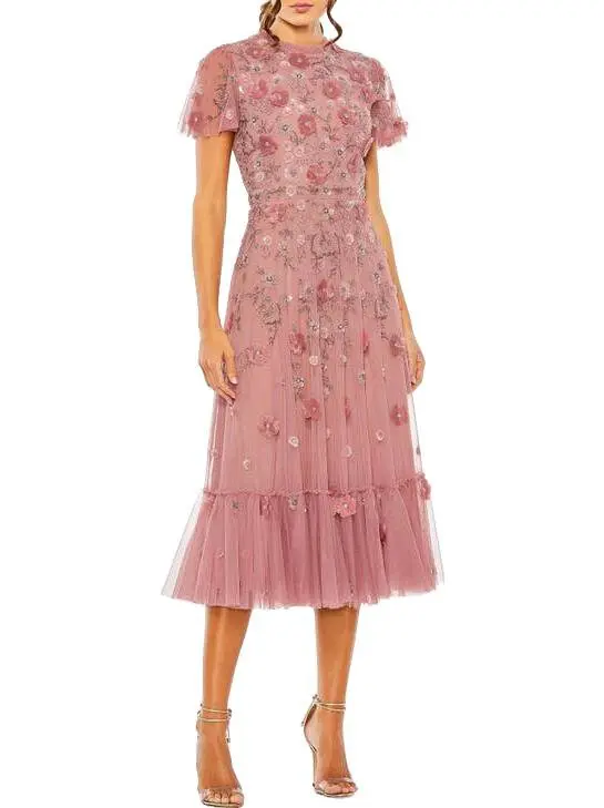 Mac Duggal Petite Embellished High Neck Flutter Sleeve A-line Dress - Berry