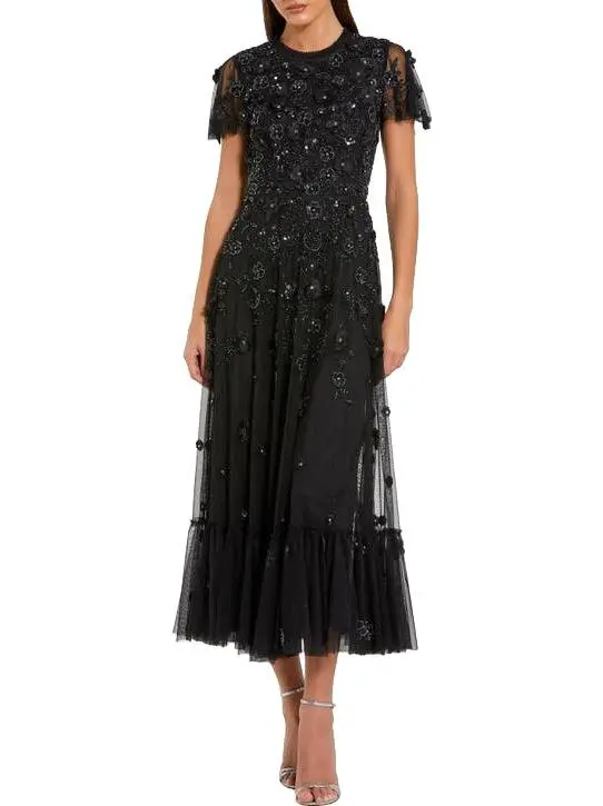 Mac Duggal Petite Embellished High Neck Flutter Sleeve A-line Midi Dress - Black