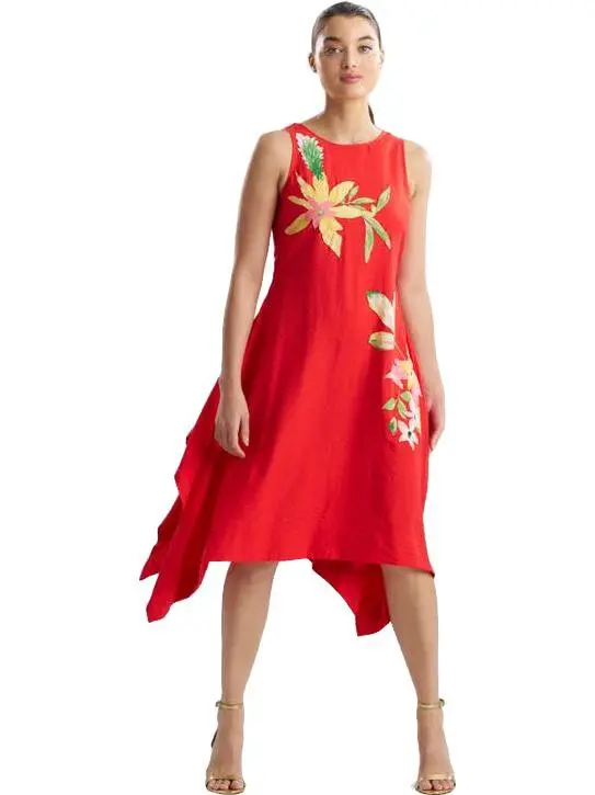 Natori Fluid Twill Hankerchief Hem Dress With Floral Embellishment - Poppy
