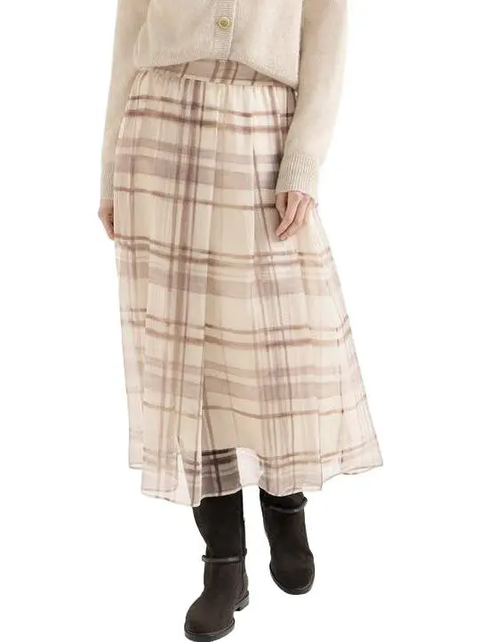 Brunello Cucinelli Pleated Macrocheck Silk Organza Skirt - White