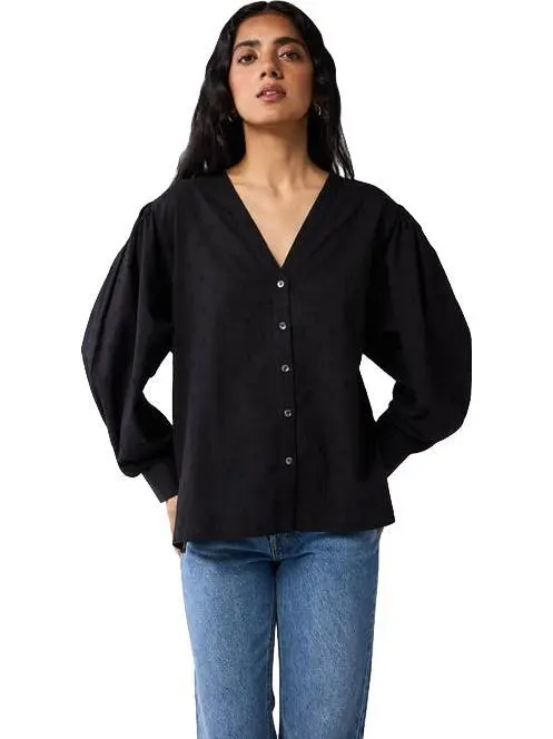 REISTOR Embroidered Long Balloon Sleeve Shirt - Black