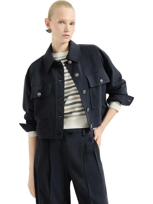 Brunello Cucinelli Cropped Chevron Jacket - Navy Blue