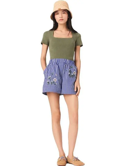 Maje Embroidered Striped Cotton Shorts - White/blue