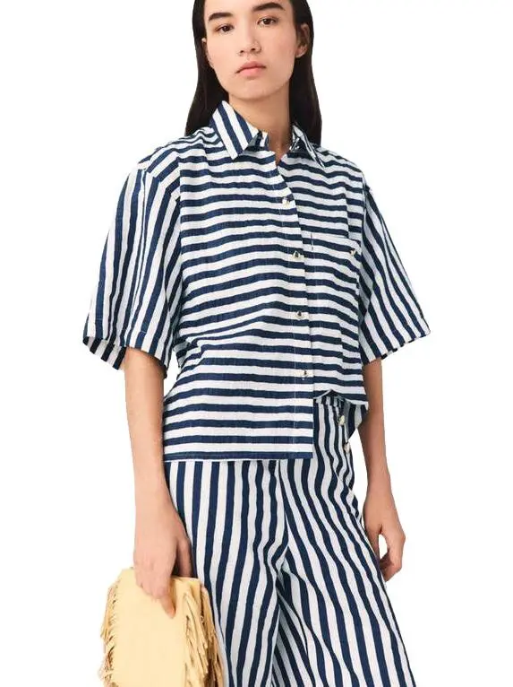 Maje Cropped Striped Linen-blend Shirt With Gold-tone Buttons - White/blue