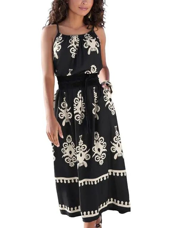 LASCANA Ornamental Print Midi Dress With Blouson Effect - Black & Sand