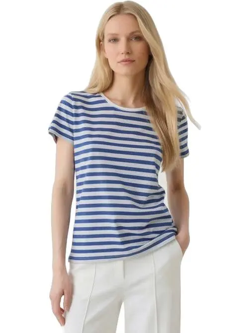 Majestic Filatures Stretch Linen Stripe Short Sleeve Crewneck T-shirt - Abyss