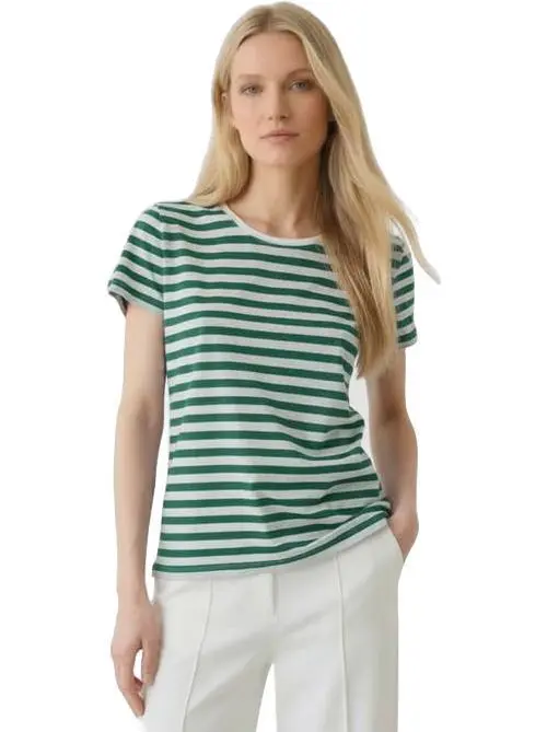 Majestic Filatures Stretch Linen Stripe Short Sleeve Crewneck T-shirt - Agave