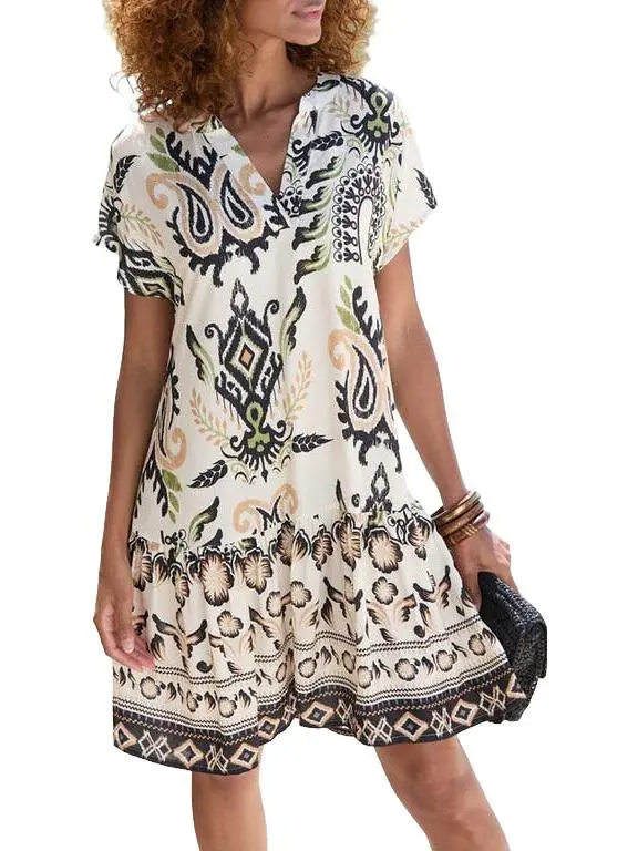 LASCANA Macro Boho Ornamental Print Dress With Flounce Hem - Sand Khaki