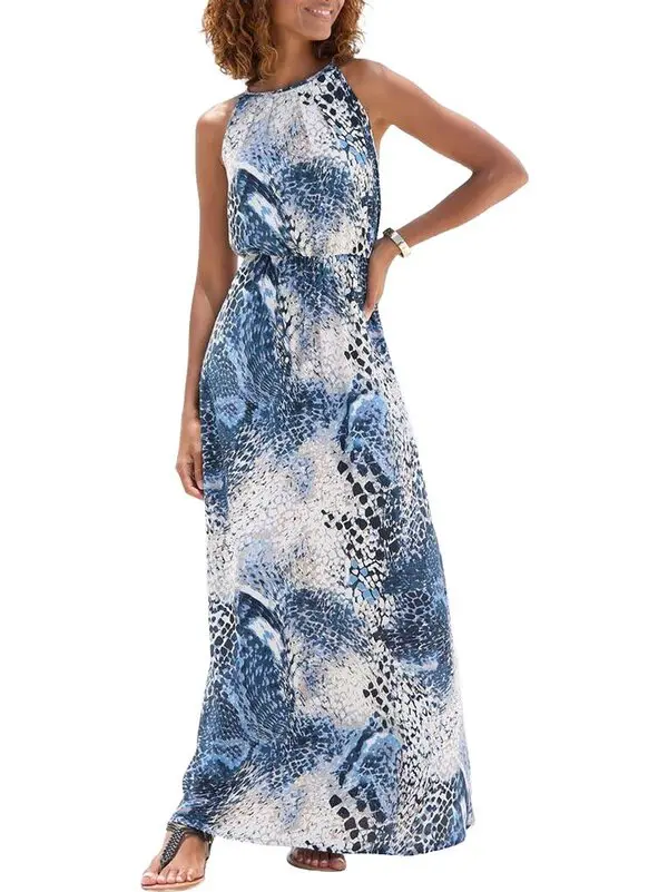 LASCANA High Neck Sleeveless Maxi Dress - Blue-printed