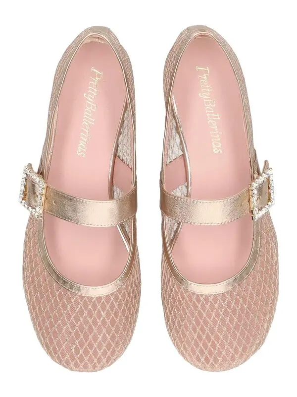 Pretty Ballerinas Metallic Mesh Crystal Buckle Ballet Flats - Metallic Gold