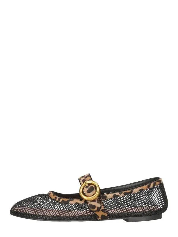 Pretty Ballerinas Mesh Buckle Mary Jane Flats With Leopard Trim - Black