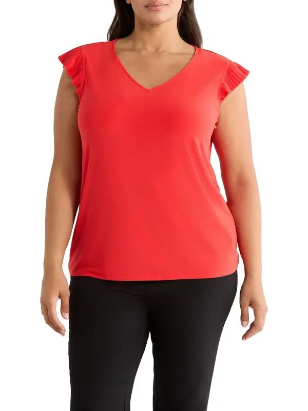 Anne Klein Pleated Cap Sleeve V-neck Top - Begonia Red