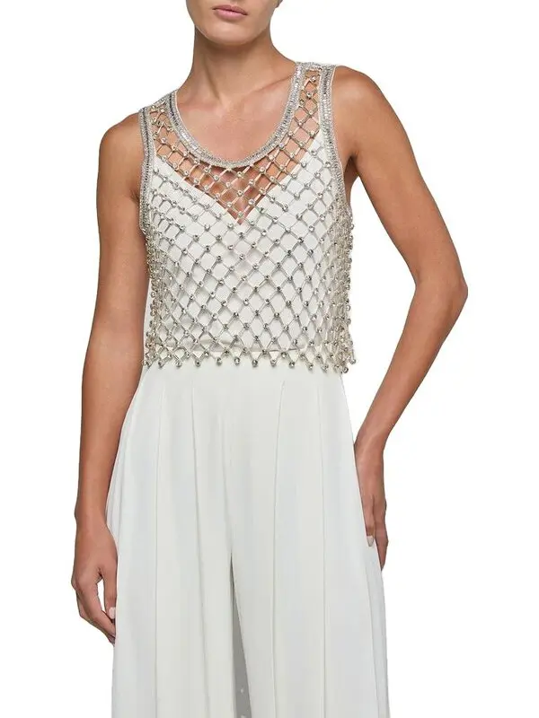 L'Agence Freia Sheer Net Crystal Embellished Crop Tank - Clear Crystal Netting