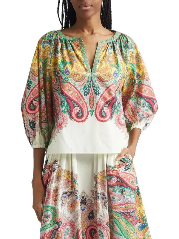 Etro Paisley Print Cotton Split Neck Top - Print On White Base