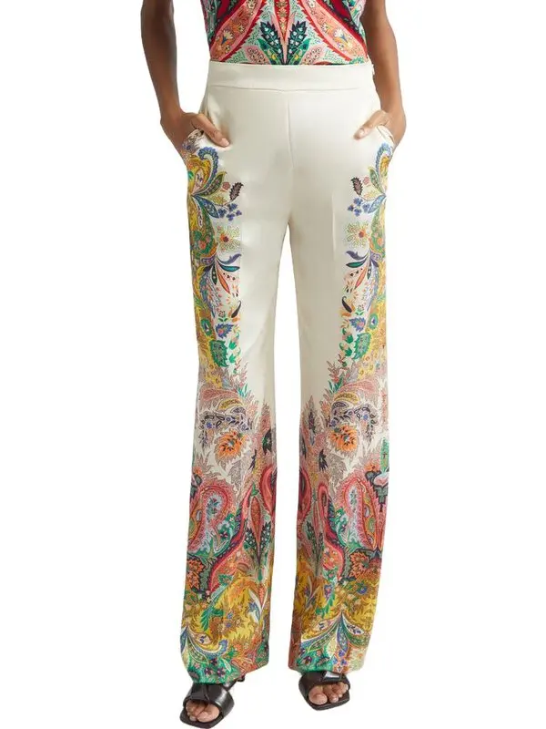 Etro Paisley Print Satin Wide-leg Trousers - Print On White Base