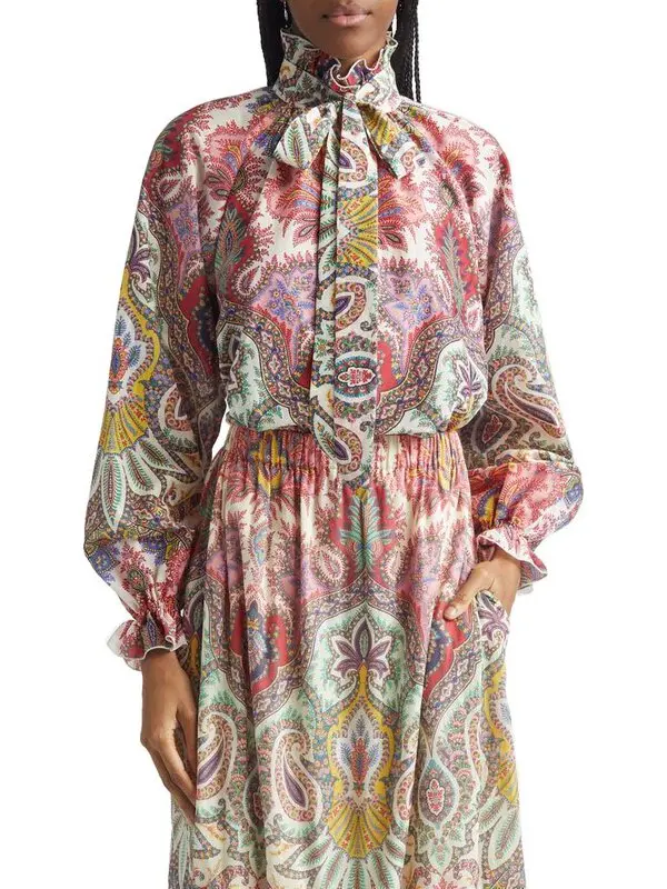 Etro Paisley Print Cotton & Silk Ruffled Neck Tie Blouse - Print On White Base