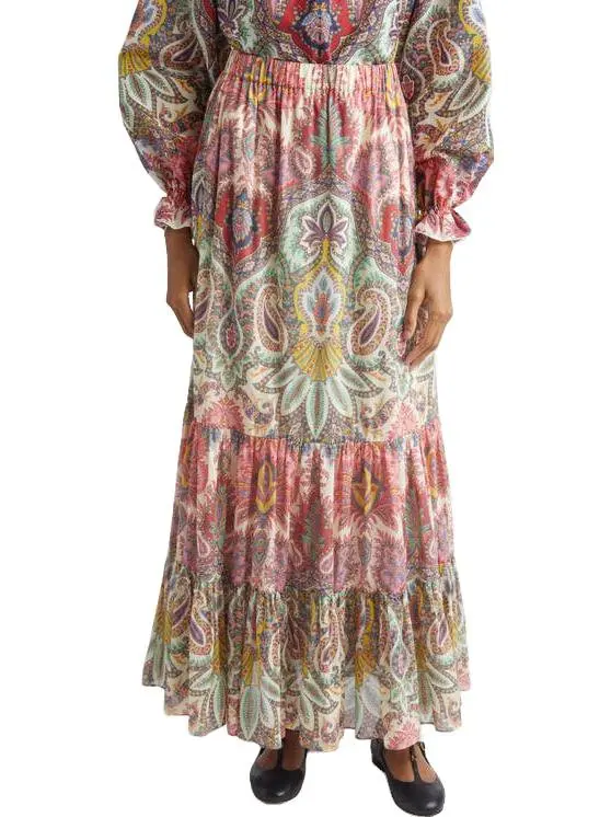 Etro Paisley Print Cotton Tiered Maxi Skirt - Print On White Base