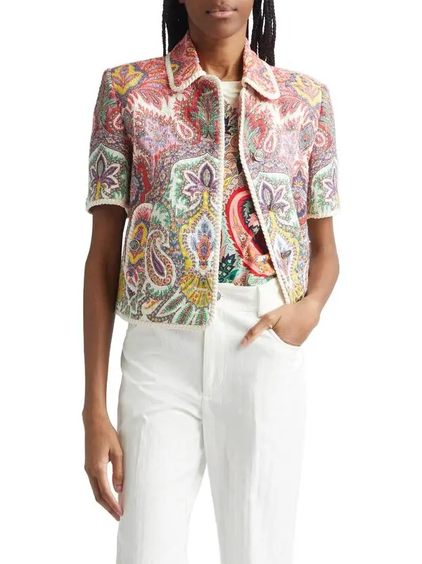 Etro Paisley Tweed Cropped Jacket With Pegaso-embossed Buttons - Print On White Base