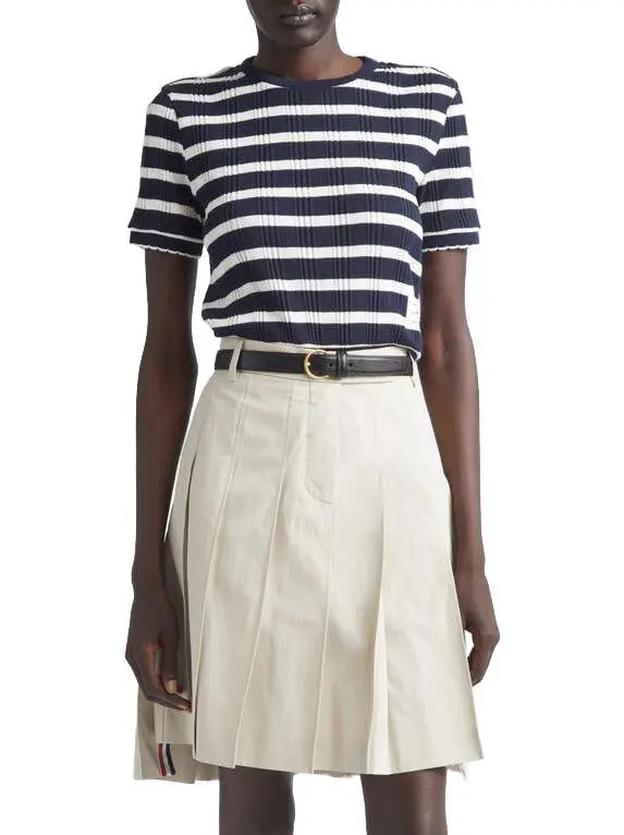Thom Browne Striped Scallop Edge Short Sleeve Cotton Rib Sweater - Navy/white