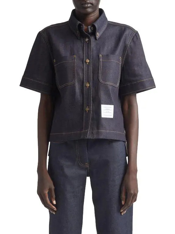 Thom Browne Short Sleeve Denim Button-down Shirt - Navy