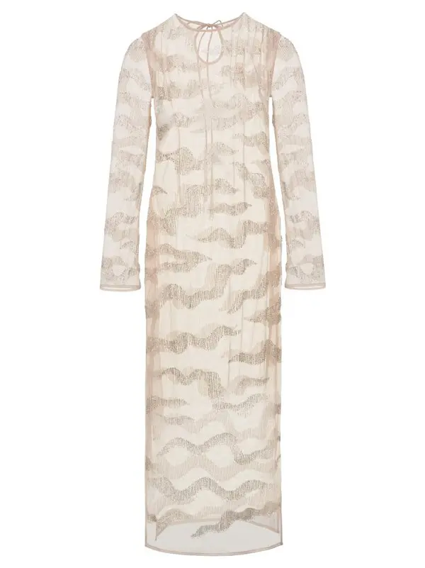 RAEVYNN Sheer Midi Dress With Silver Bead Embellishments - Gray