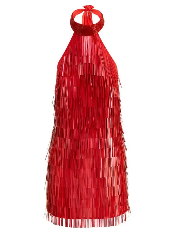 RAEVYNN Lyric Sequined Tasseled Halterneck Mini Dress - Red