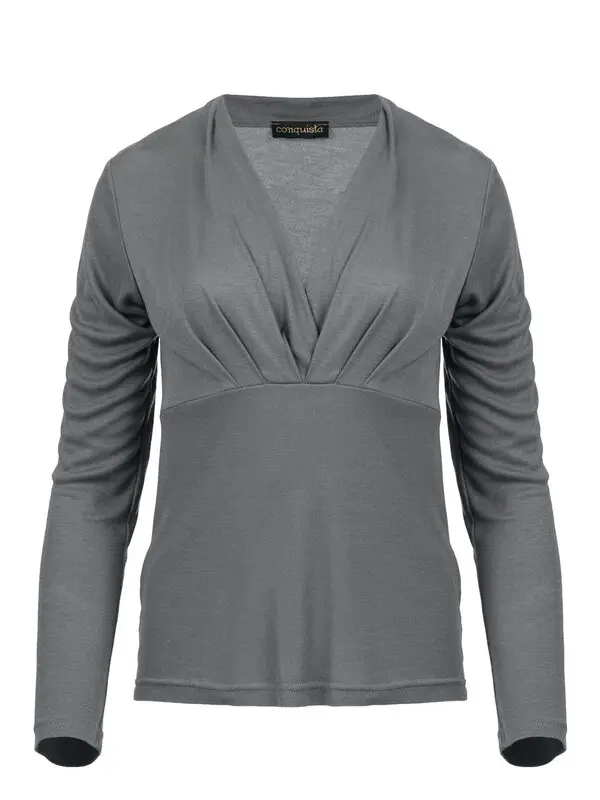 CONQUISTA Ribbed Viscose Jersey V-neck Long Sleeve Top - Grey