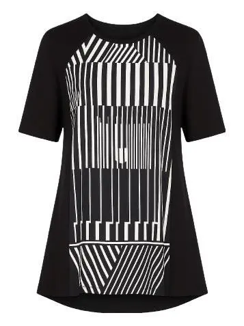 CONQUISTA Printed Round Neck Short Sleeve Top - Black