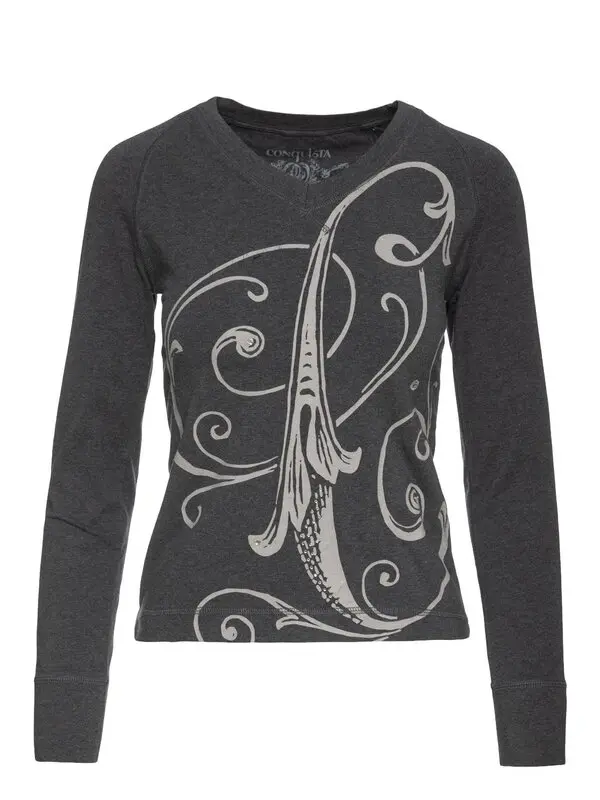 CONQUISTA V-neck Dark Print Top With Raglan Sleeves - Grey
