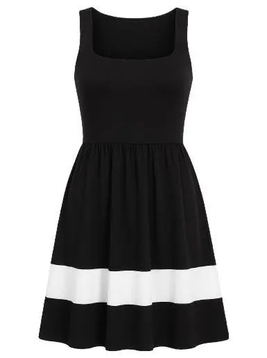 CONQUISTA Sleeveless Square Neck Pleated Dress With Contrast Panel - Black
