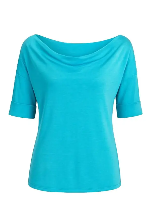 CONQUISTA Off Shoulder Top With Scoop Neck And Elbow Sleeves - Blue