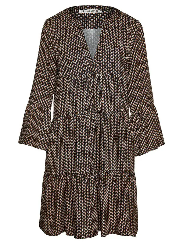 CONQUISTA Printed Bell Sleeve Gathered Seam Dress - Brown