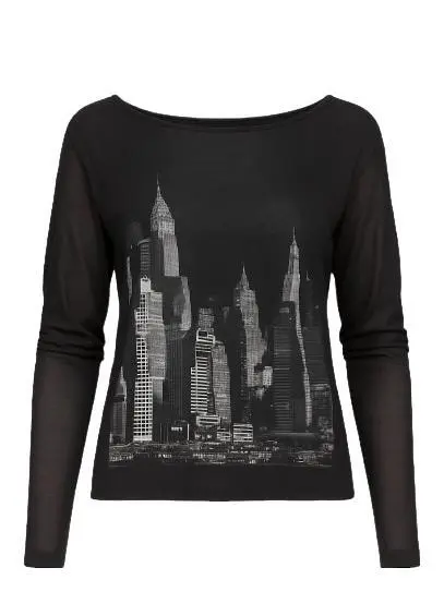 CONQUISTA Sheer Printed Long Sleeve Top - Black