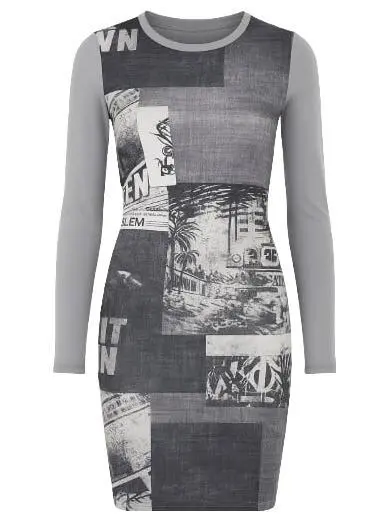 CONQUISTA Long Sleeve Printed Stretch Sheath Dress - Grey